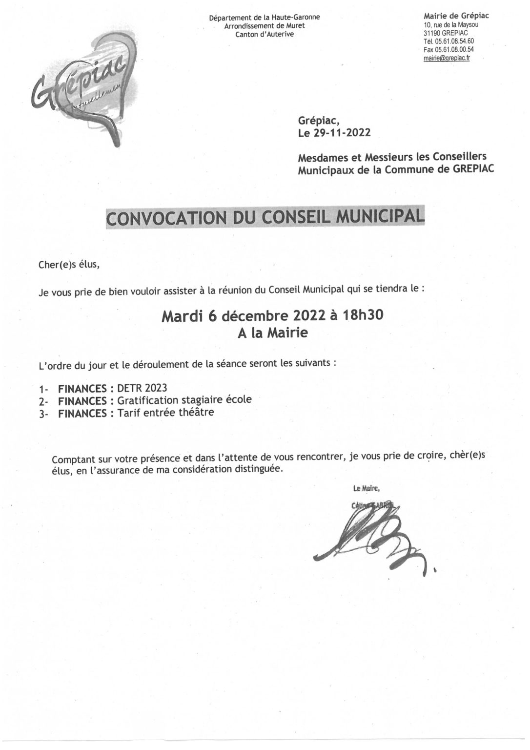 Convocation conseil municipal – Mairie de Grepiac